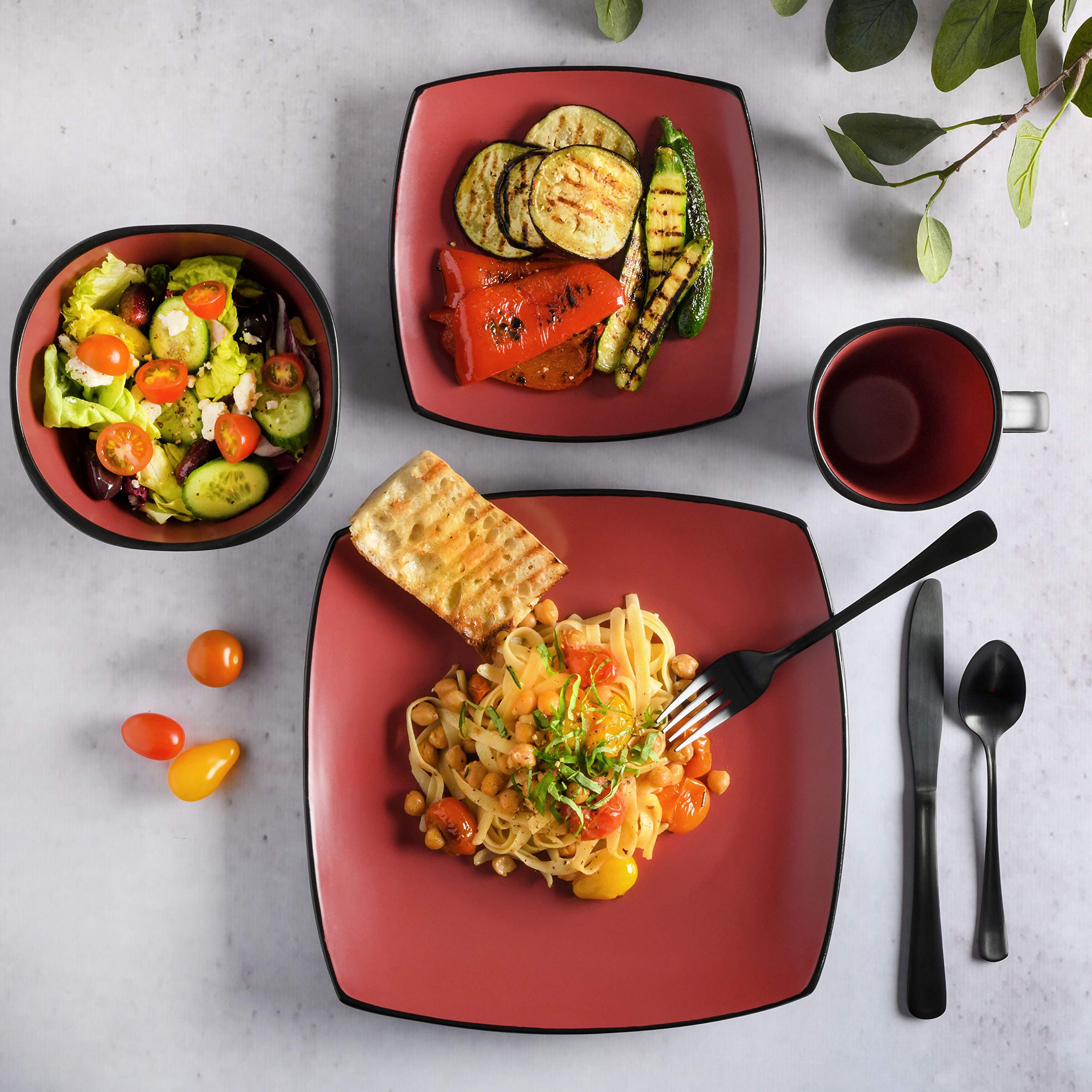 Gibson Soho Lounge Square Reactive Glaze Stoneware Dinnerware Set, Service for 4 (16pc), Matte Red