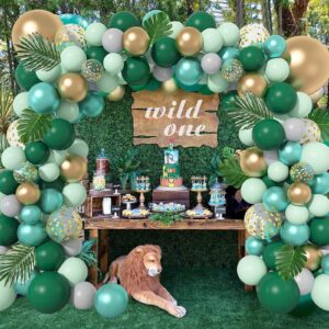 Jungle Safari Party Balloons Arch Garland Kit, 139Pcs Metallic Gold Green Confetti Balloons with Tropical Palm Leaves for Animal Wild One Birthday Dinosaur Party Safari Baby Shower for Boys Supplies