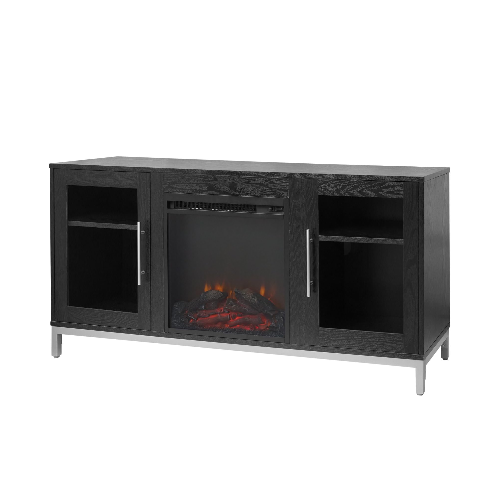 Teamson Home Lainey 54" Wooden Entertainment Center with Fireplace, Two Glass Door Cabinets, Black