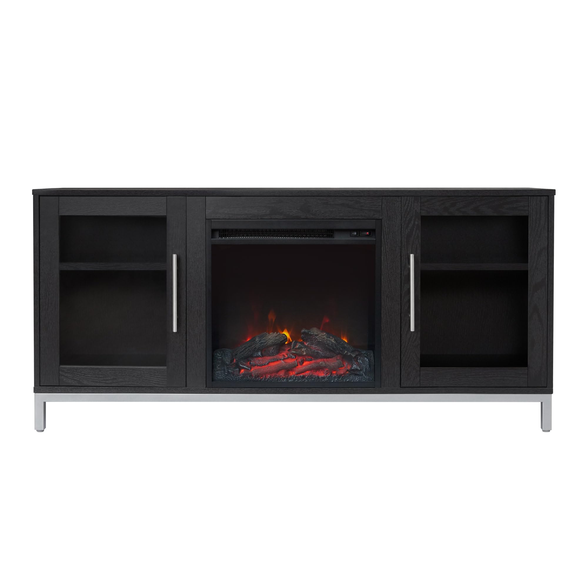 Teamson Home Lainey 54" Wooden Entertainment Center with Fireplace, Two Glass Door Cabinets, Black