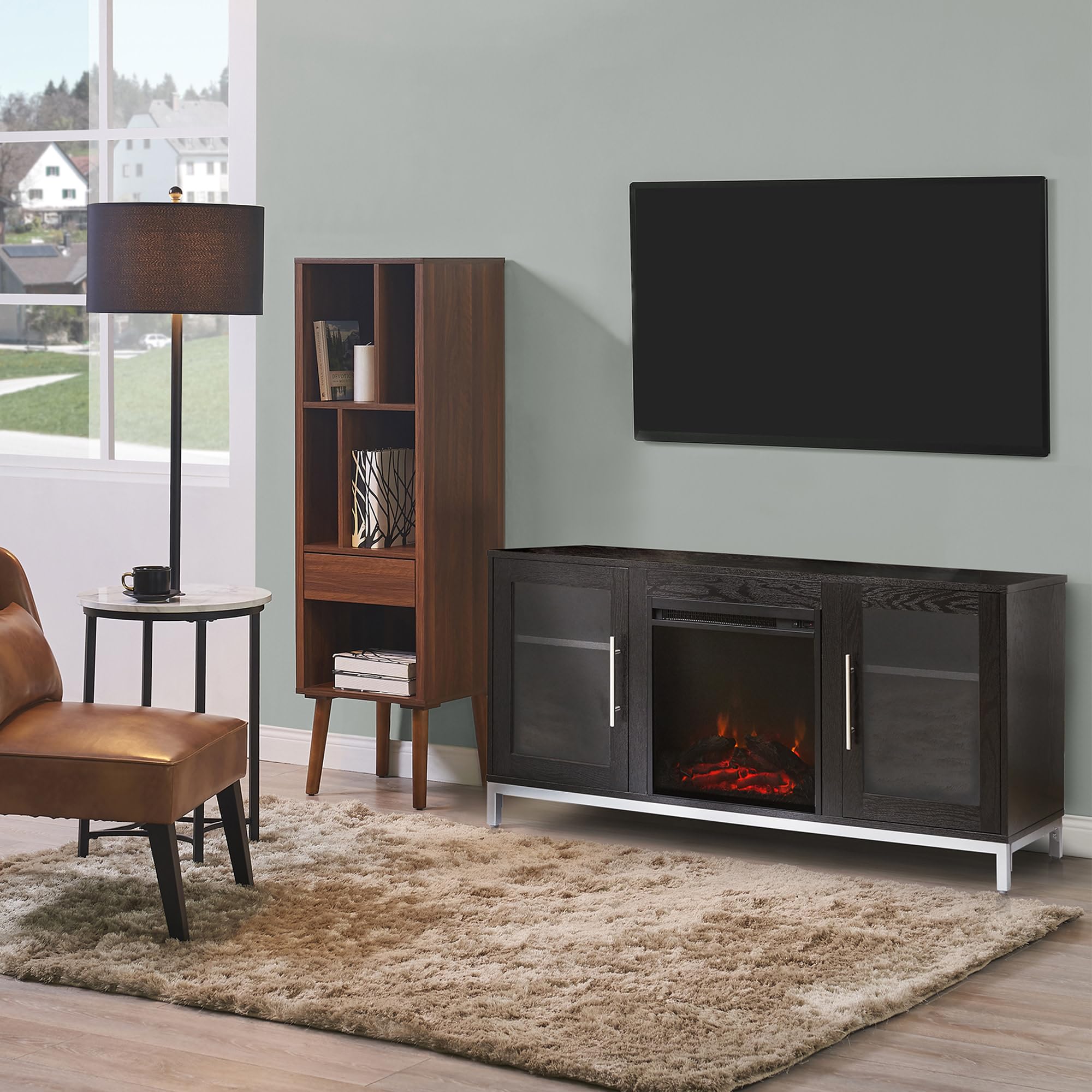 Teamson Home Lainey 54" Wooden Entertainment Center with Fireplace, Two Glass Door Cabinets, Black