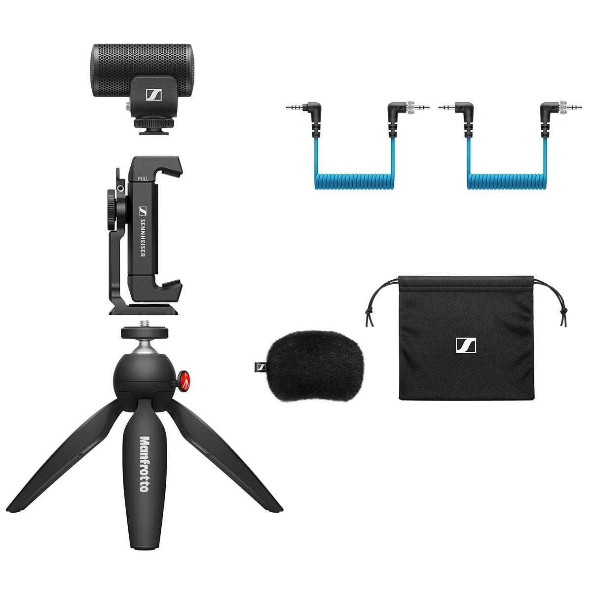 Sennheiser Pro Audio Sennheiser Professional MKE 200 + Mobile Kit, Directional On-Camera Microphone with Smartphone Clamp & Manfrotto PIXI Mini Tripod, 509256, Black