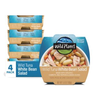 wild planet ready-to-eat wild tuna white bean salad with organic chickpeas, carrots, red peppers & green olives 5.6oz, pack of 4