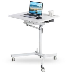 mobile sit stand desk - height adjustable standing laptop desk cart rolling couch table on wheels white workstation with gas spring riser for home office classroom