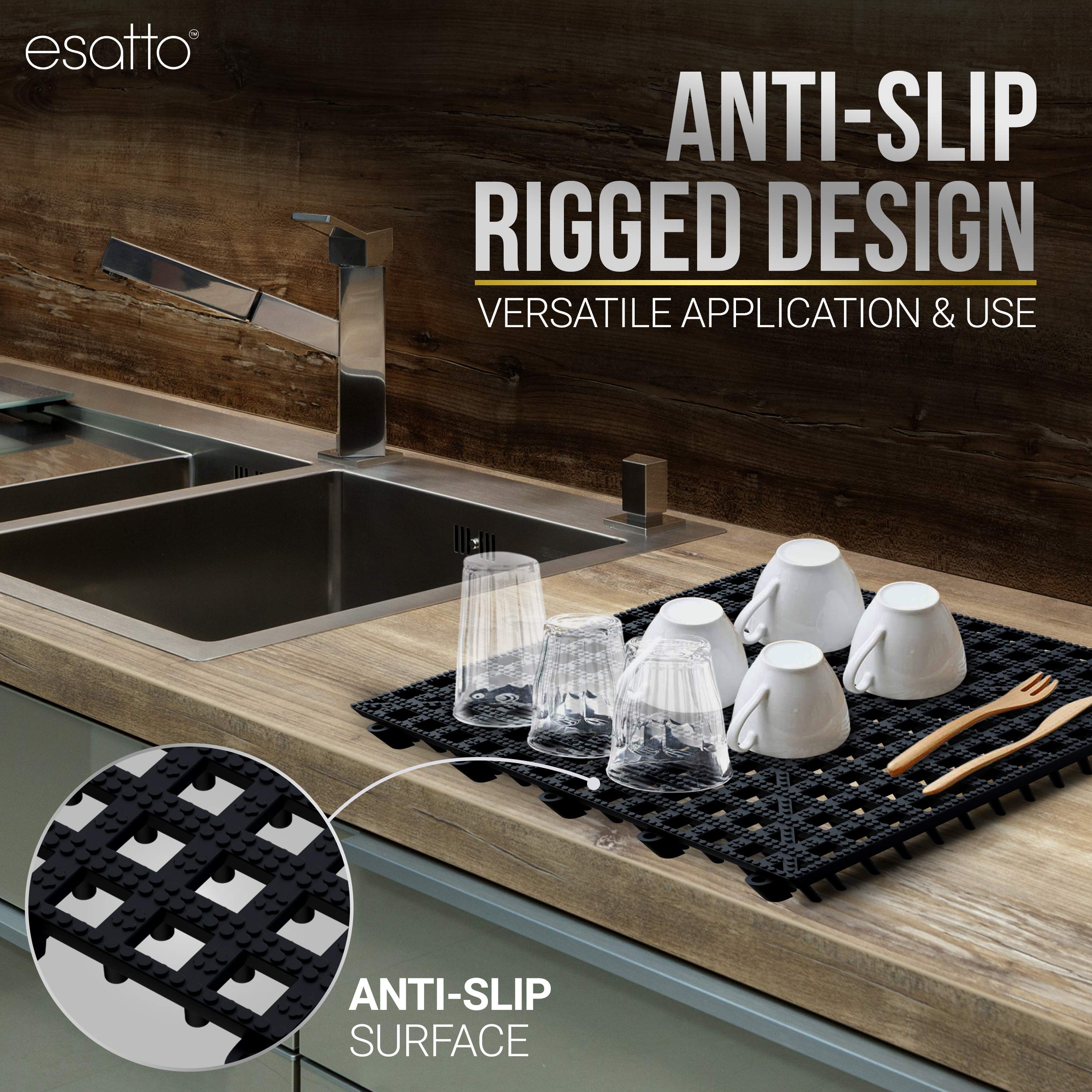 Esatto 6 Pack Interlocking Shelf Mats 12″, Black – for Spills, Clean Bars, Stain Protection, and an Anti-Slip Surface