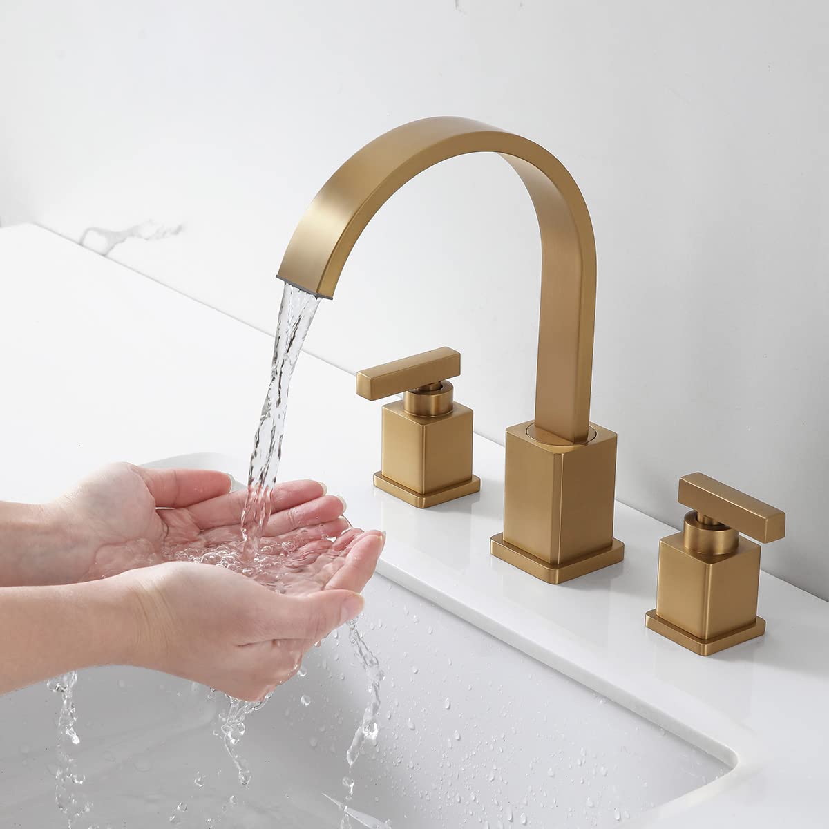 WorbWay Bathroom Faucet Brushed Gold, Upgrade Anti-Fingerprint 3 Hole 2 Lever Handle 8 inch Widespread Gold Bathroom Sink Faucet with Overflow Pop-Up Drain and Water Supply Hoses