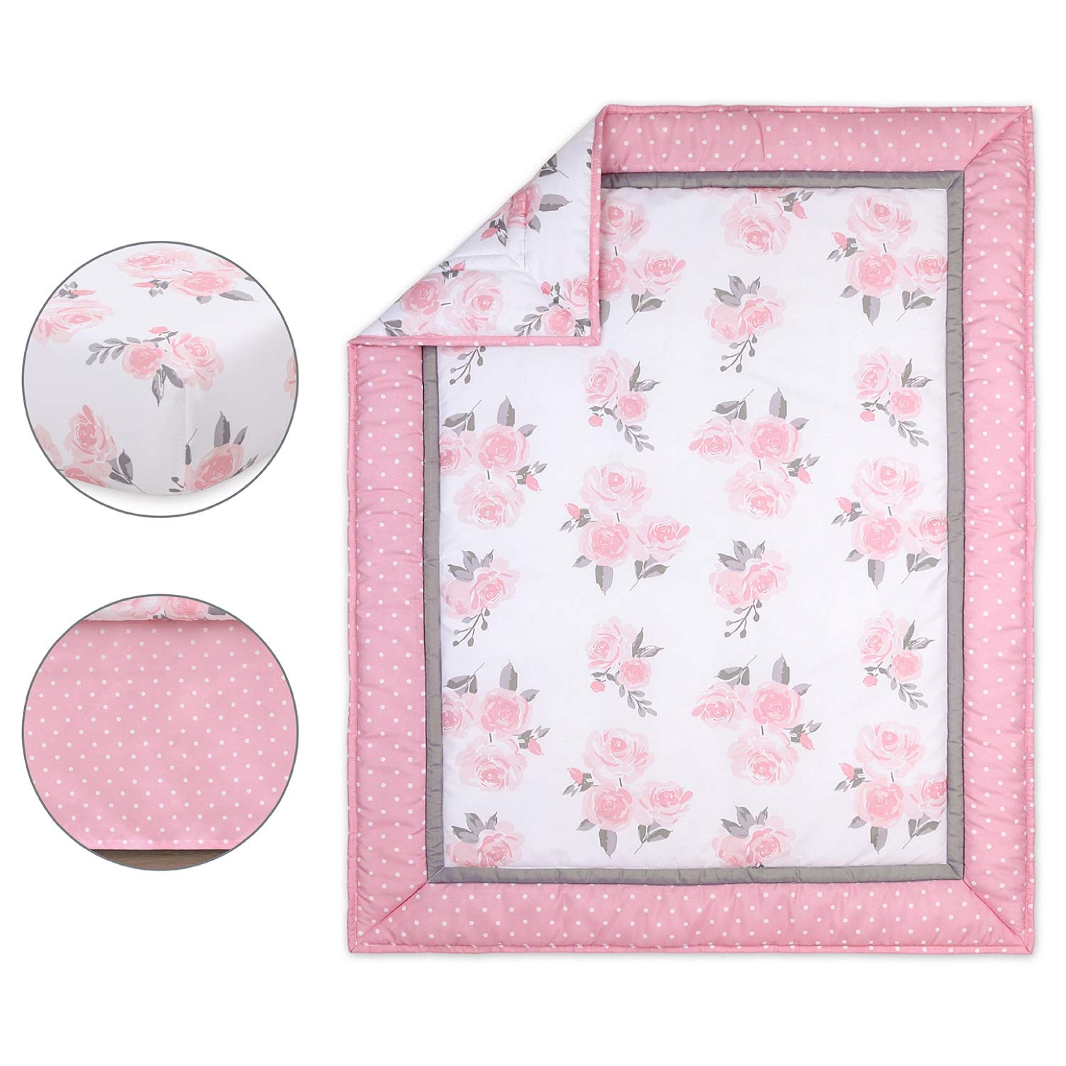 The Peanutshell Pink Floral Crib Bedding Set for Baby Girls - 3 Piece Nursery Collection - Crib Comforter, Fitted Crib Sheet, Dust Ruffle