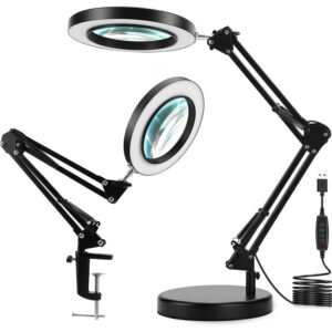 dotlite magnifying glass with light and stand,2 in 1 clamp 10x magnifying lamp, craft light lamp adjustable with 3 color modes led magnifier with light for reading crafts repair close work