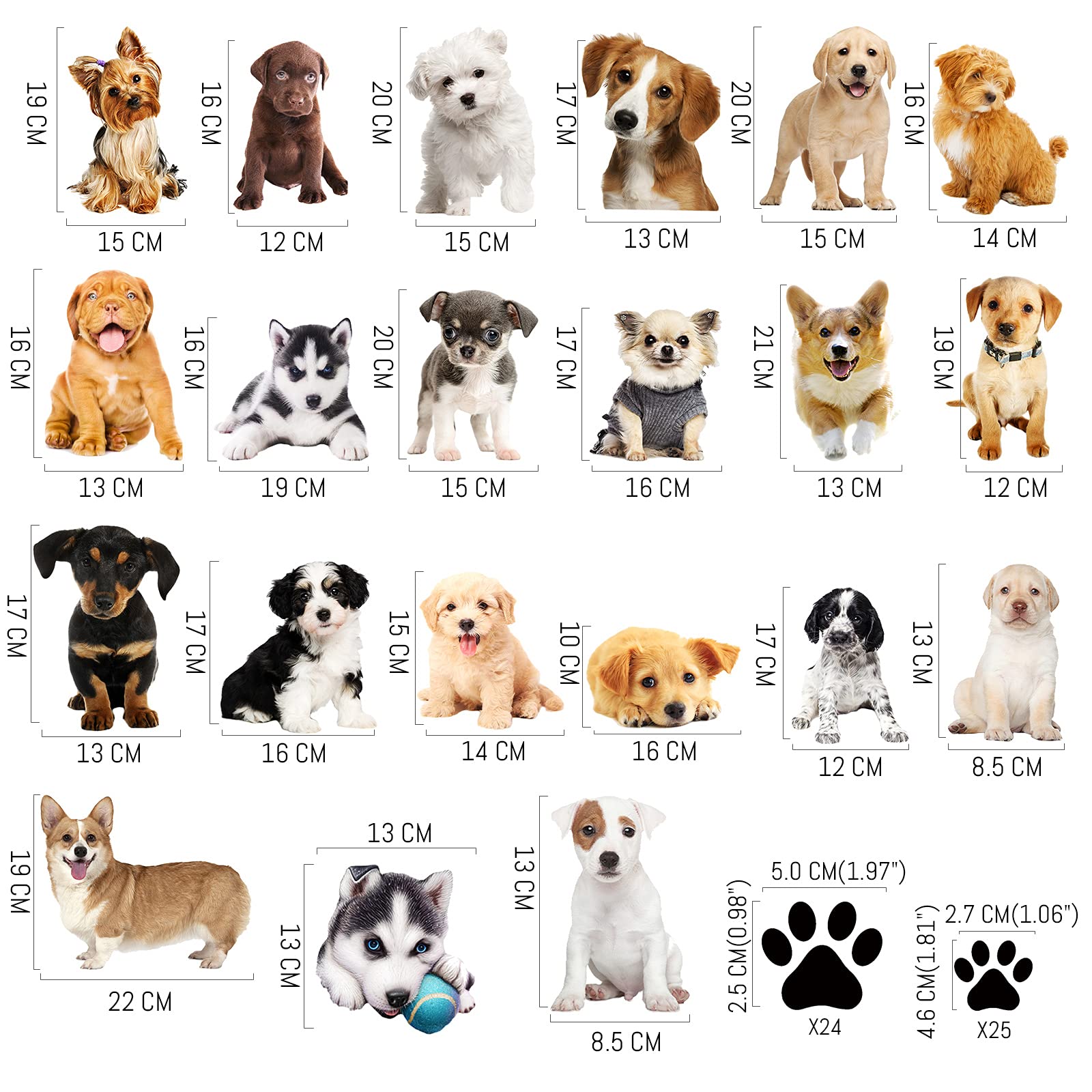 109 Pieces Dogs and Paws Wall Decals Realistic 3D Dog Stickers Dog Prints Decals Paws Vinyl Wall Stickers for Kids Boy Girl Baby Bedroom Living Room Bathroom Home Wall DIY Decor