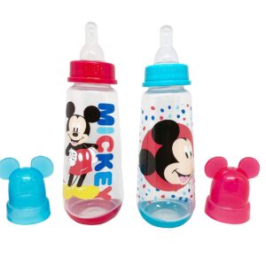 Disney Cudlie Mickey Mouse Baby Boy 2 Pack of 9 Oz Bottles with Removeable Character Molded Lid in Baby Mickey Star Print in Red & Blue