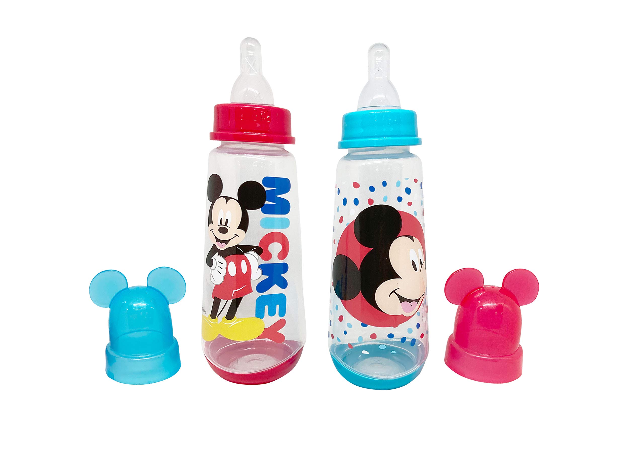 Disney Cudlie Mickey Mouse Baby Boy 2 Pack of 9 Oz Bottles with Removeable Character Molded Lid in Baby Mickey Star Print in Red & Blue