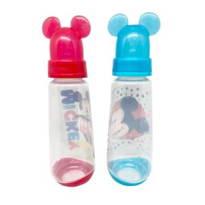 Disney Cudlie Mickey Mouse Baby Boy 2 Pack of 9 Oz Bottles with Removeable Character Molded Lid in Baby Mickey Star Print in Red & Blue