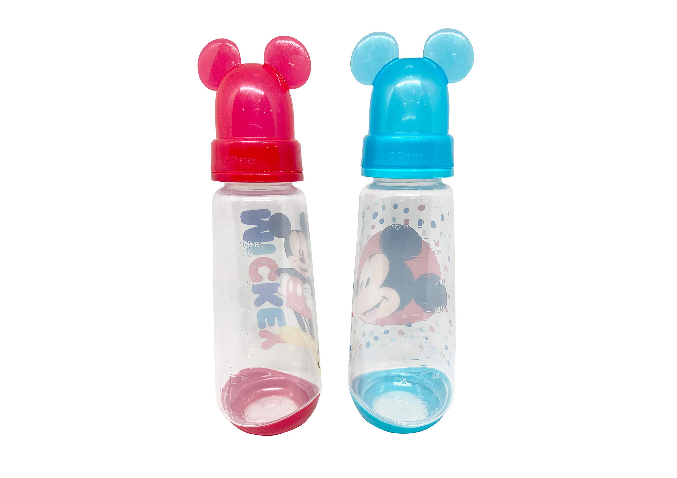 Disney Cudlie Mickey Mouse Baby Boy 2 Pack of 9 Oz Bottles with Removeable Character Molded Lid in Baby Mickey Star Print in Red & Blue