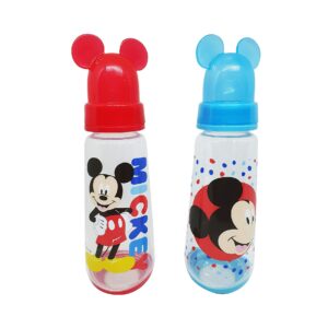 Disney Cudlie Mickey Mouse Baby Boy 2 Pack of 9 Oz Bottles with Removeable Character Molded Lid in Baby Mickey Star Print in Red & Blue