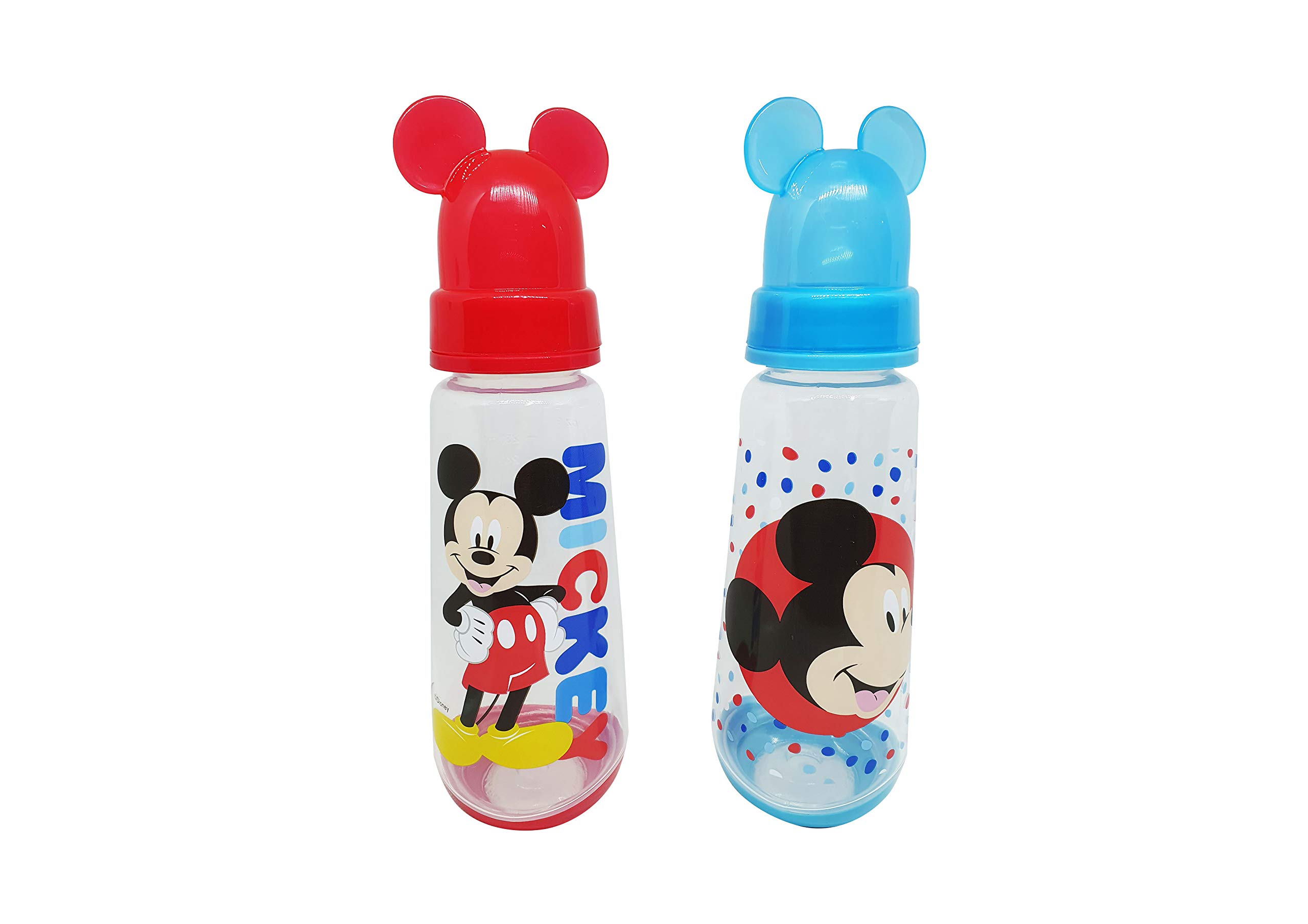 Disney Cudlie Mickey Mouse Baby Boy 2 Pack of 9 Oz Bottles with Removeable Character Molded Lid in Baby Mickey Star Print in Red & Blue