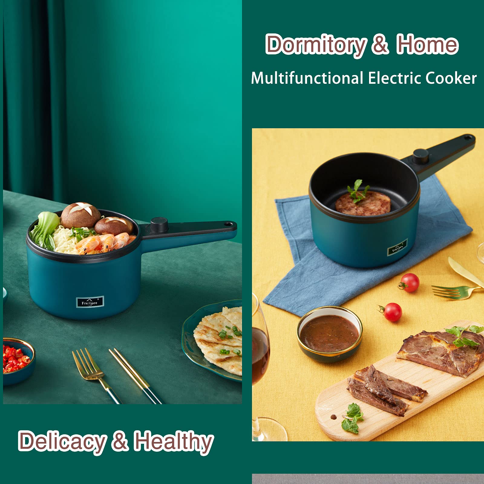 Freshore Electric Non-Stick 1.2L Mini Hot Pot Multifunctional Cooker with Temperature Control, Morandi Green