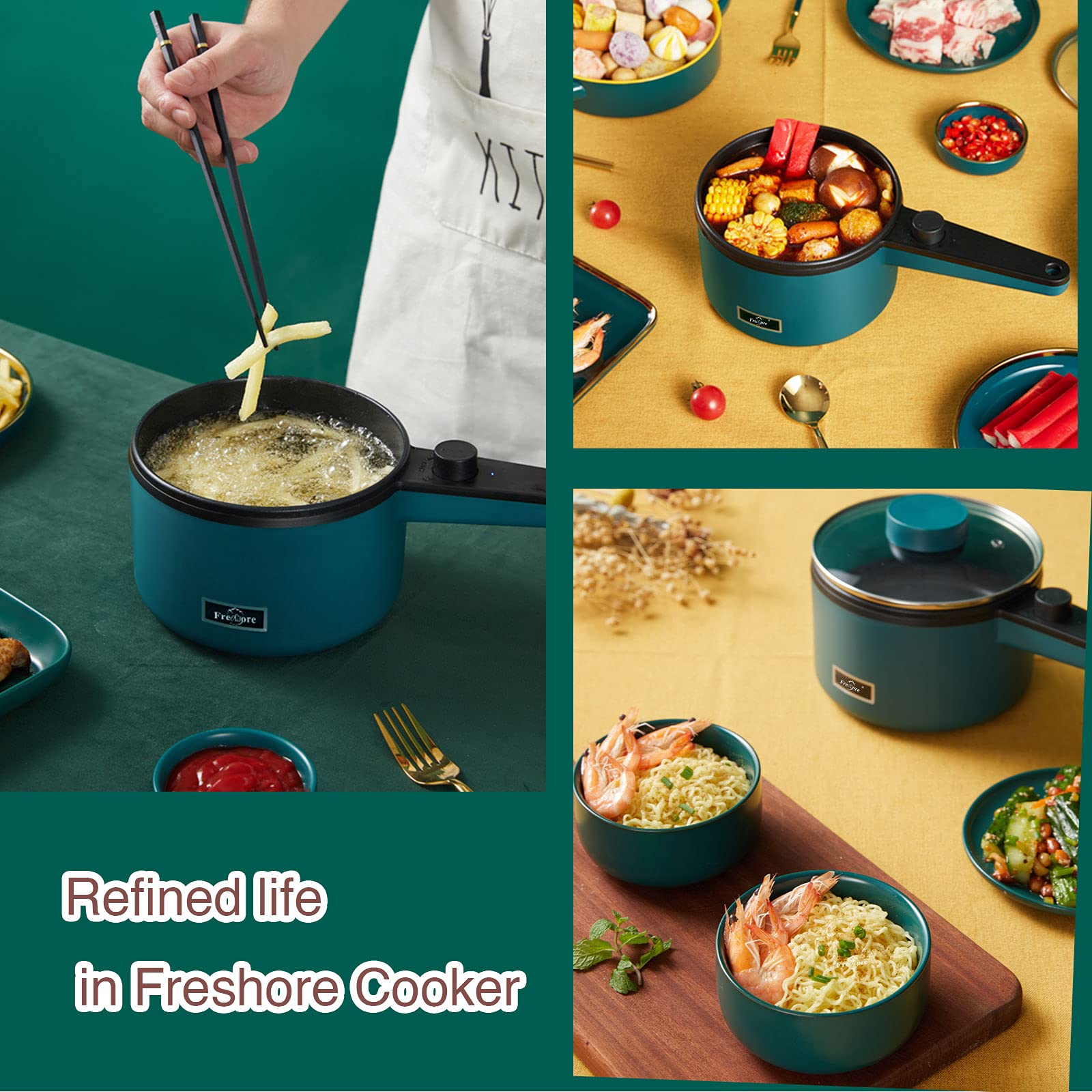 Freshore Electric Non-Stick 1.2L Mini Hot Pot Multifunctional Cooker with Temperature Control, Morandi Green