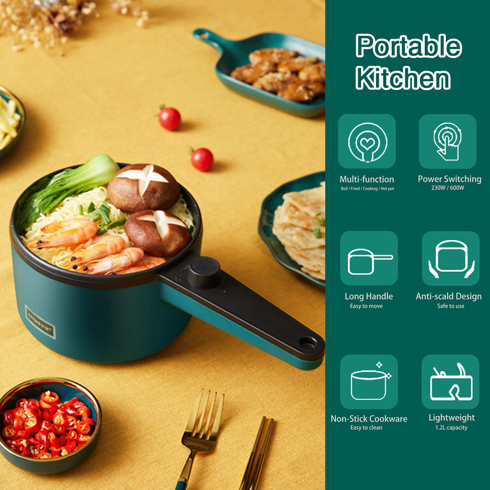 Freshore Electric Non-Stick 1.2L Mini Hot Pot Multifunctional Cooker with Temperature Control, Morandi Green