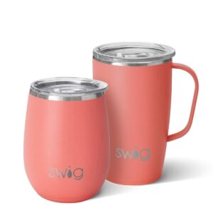 swig life matte coral am+pm gift set, includes (1) 18oz travel mug + (1) 14oz stemless wine tumbler, triple insulated, stainless steel, and dishwasher safe