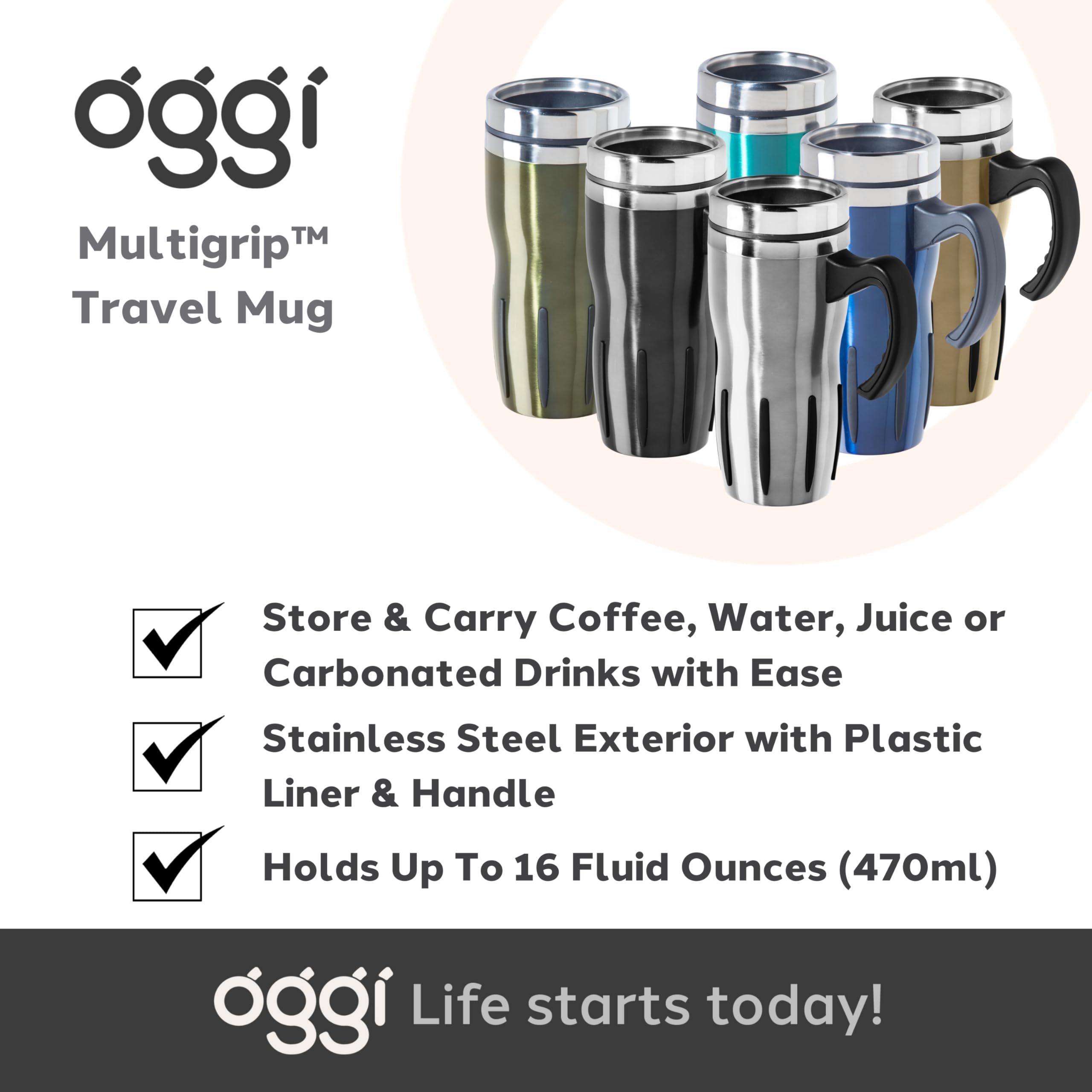 Oggi Multigrip Stainless Steel Thermal Travel Mug - Midnight Blue, 16oz, with slide open lid for hot and cold beverages.