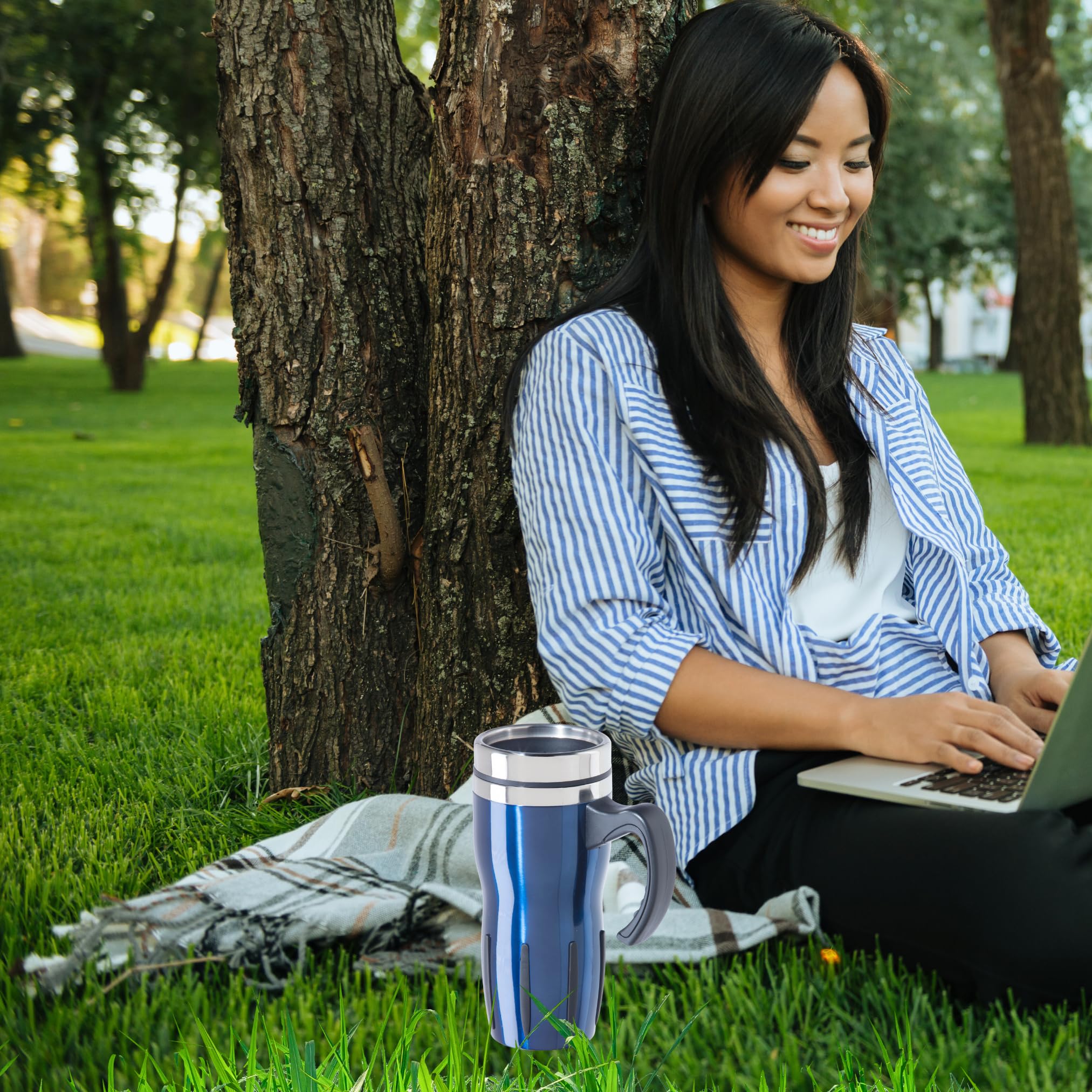 Oggi Multigrip Stainless Steel Thermal Travel Mug - Midnight Blue, 16oz, with slide open lid for hot and cold beverages.