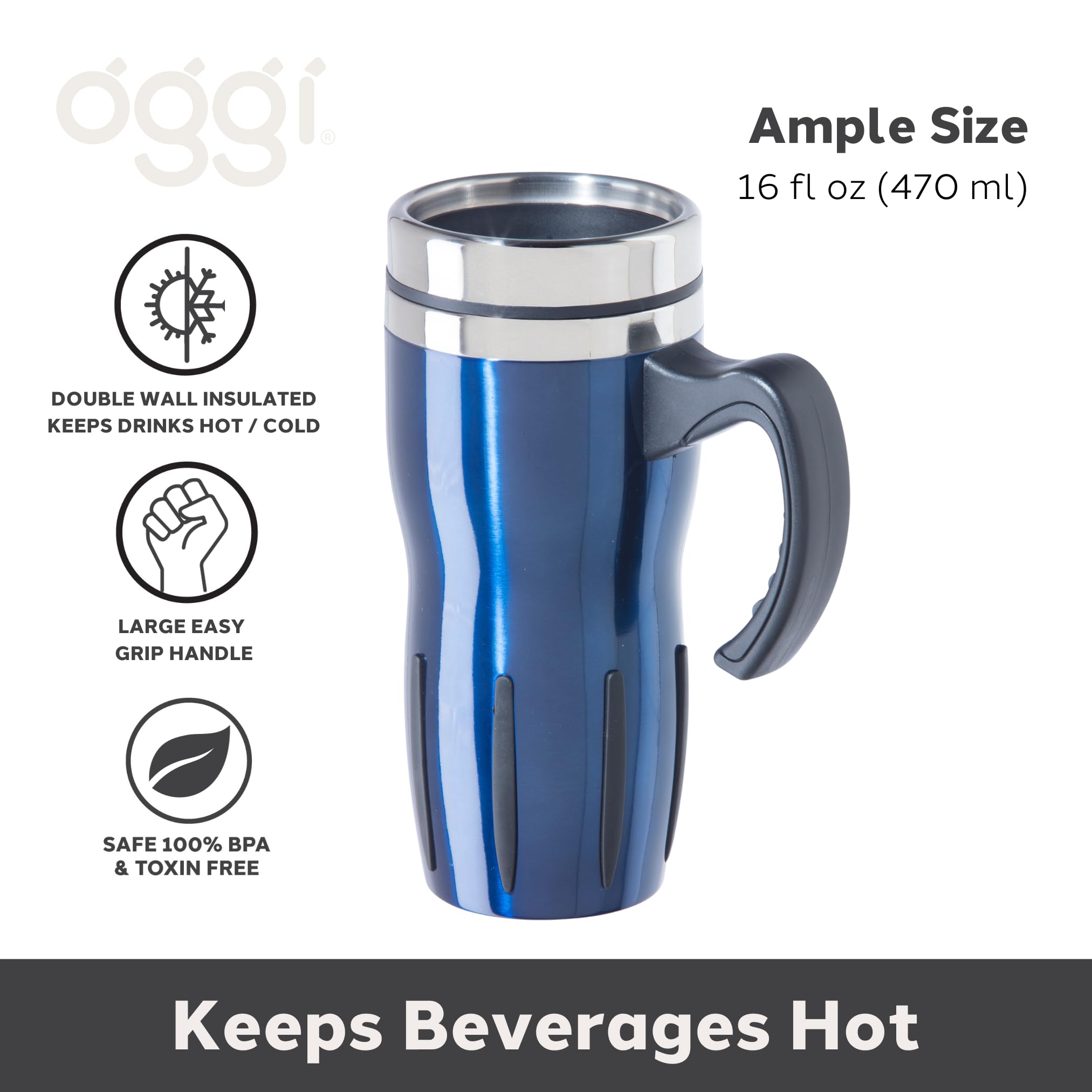 Oggi Multigrip Stainless Steel Thermal Travel Mug - Midnight Blue, 16oz, with slide open lid for hot and cold beverages.