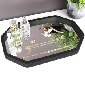 polar whale polished mirrored bottom vanity organizer tray for home bedroom bathroom perfume jewelry makeup storage stand washable durable black foam with heavy metal mirror large 14 x 9.5 inches