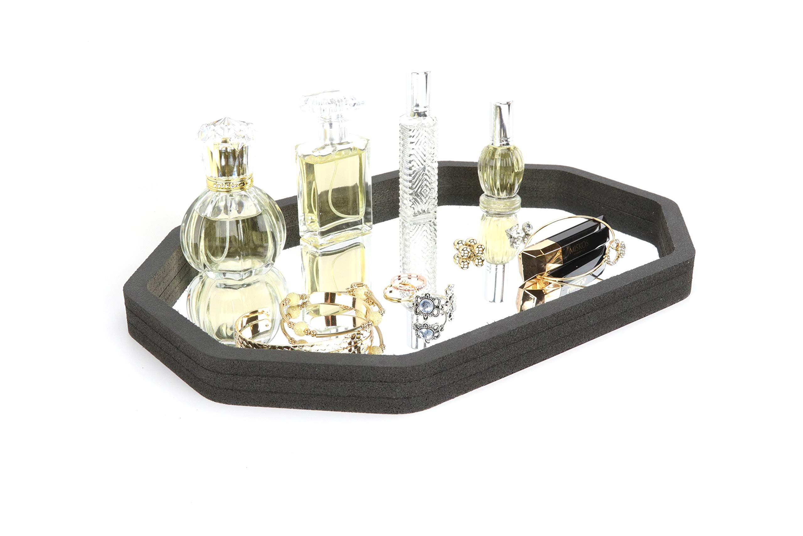 Polar Whale Polished Mirrored Bottom Vanity Organizer Tray for Home Bedroom Bathroom Perfume Jewelry Makeup Storage Stand Washable Durable Black Foam with Heavy Metal Mirror Large 14 x 9.5 Inches