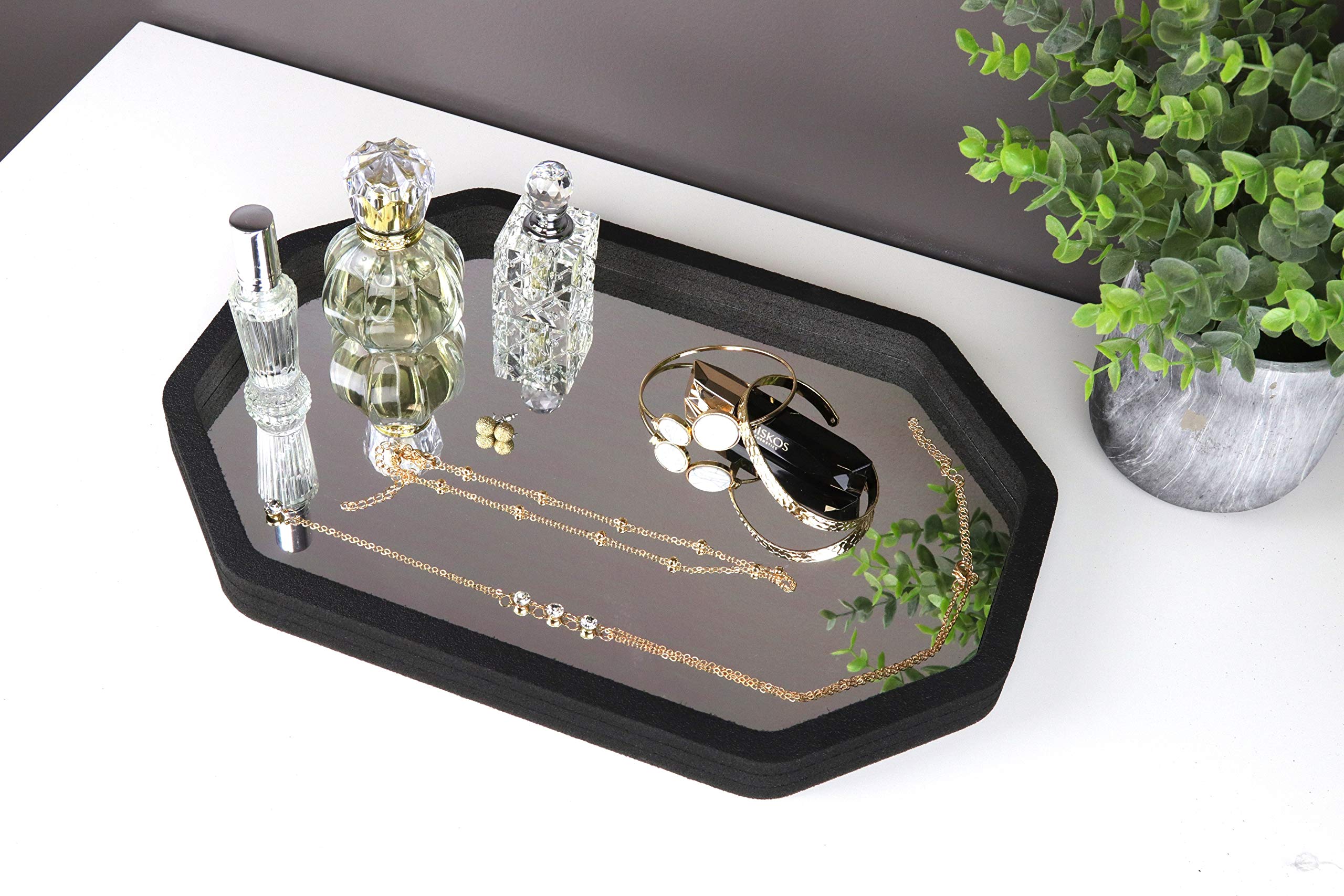 Polar Whale Polished Mirrored Bottom Vanity Organizer Tray for Home Bedroom Bathroom Perfume Jewelry Makeup Storage Stand Washable Durable Black Foam with Heavy Metal Mirror Large 14 x 9.5 Inches