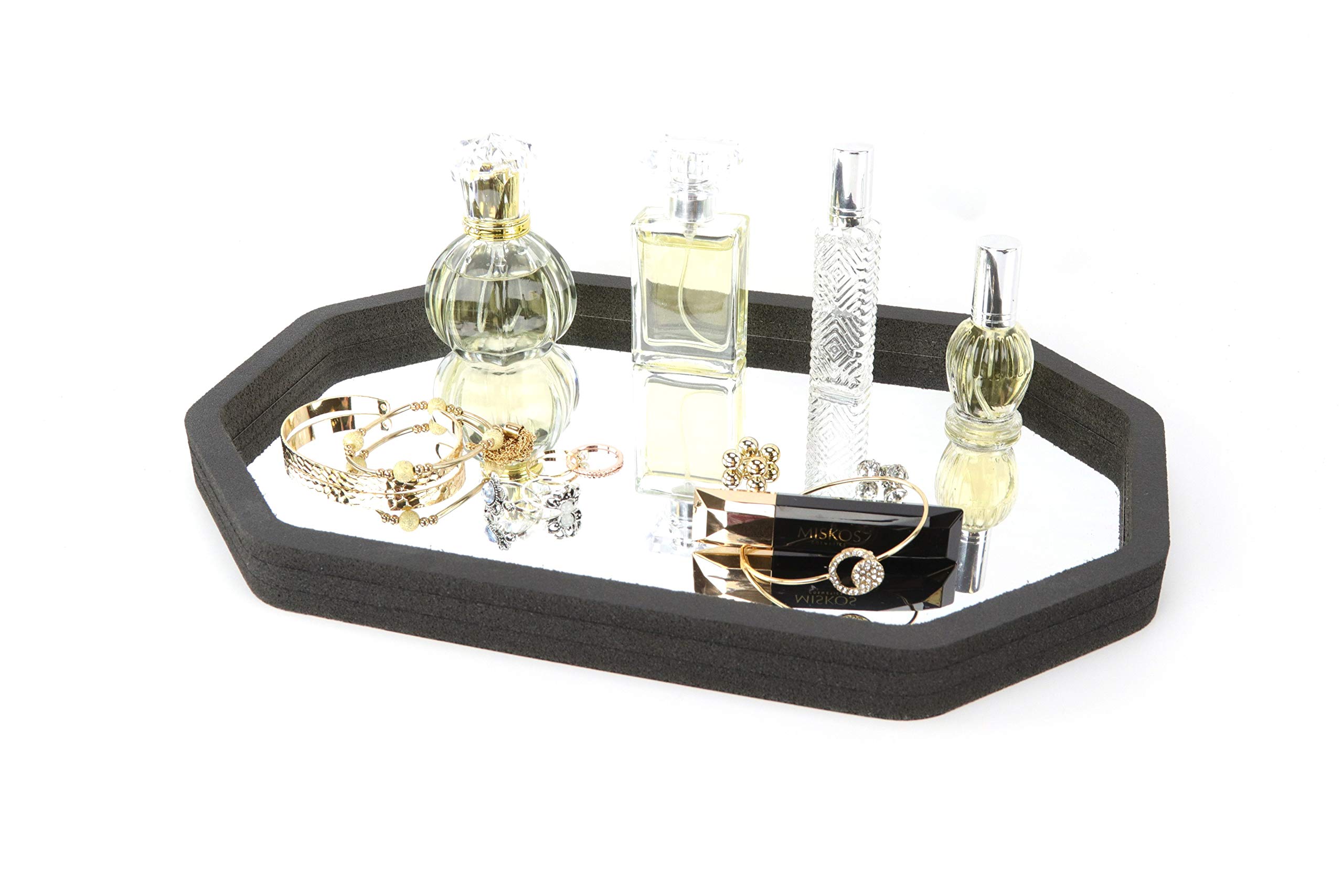 Polar Whale Polished Mirrored Bottom Vanity Organizer Tray for Home Bedroom Bathroom Perfume Jewelry Makeup Storage Stand Washable Durable Black Foam with Heavy Metal Mirror Large 14 x 9.5 Inches