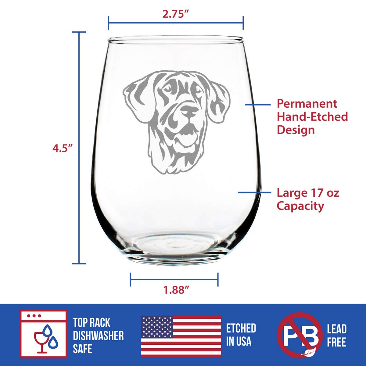 Great Dane Face Stemless Wine Glass - Cute Dog Themed Decor and Gifts for Moms & Dads of Great Danes - Large 17 Oz