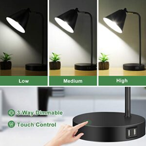 Industrial 3 Way Dimmable Touch Control Desk Lamp with 2 USB Ports & AC Outlet Bedside Nightstand Reading Lamp Flexible Head Farmhouse Black Table Lamp for Office Bedroom Living Room Bulb Included