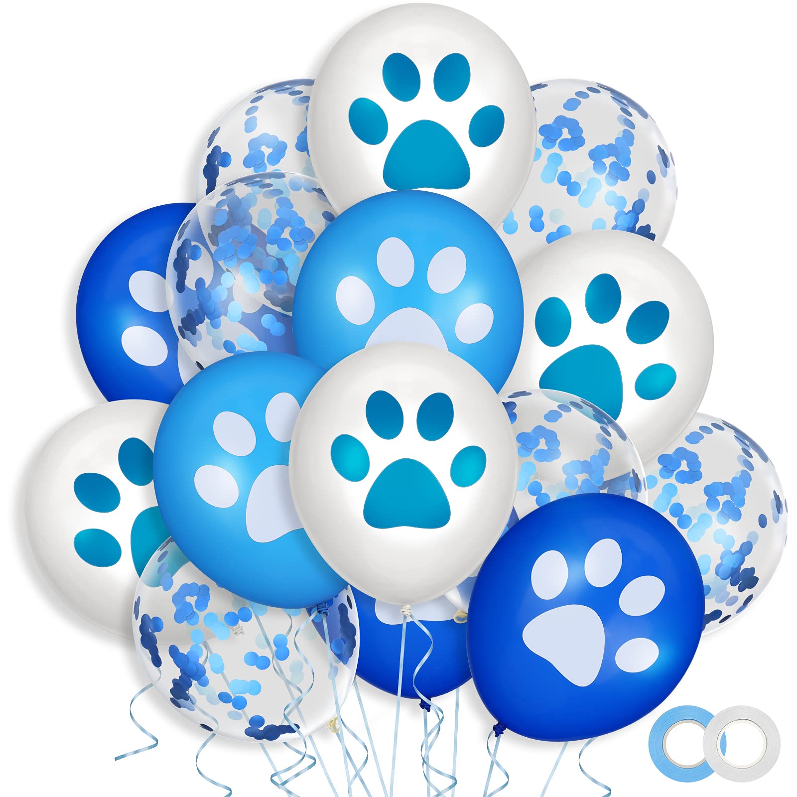 35 Pieces Paw Print Balloons Set 12 Inches Blue White Latex Confetti Balloons with 2 Pieces Ribbons for Birthday Wedding Baby Shower Celebration Graduation Party Balloons (Blue Series)