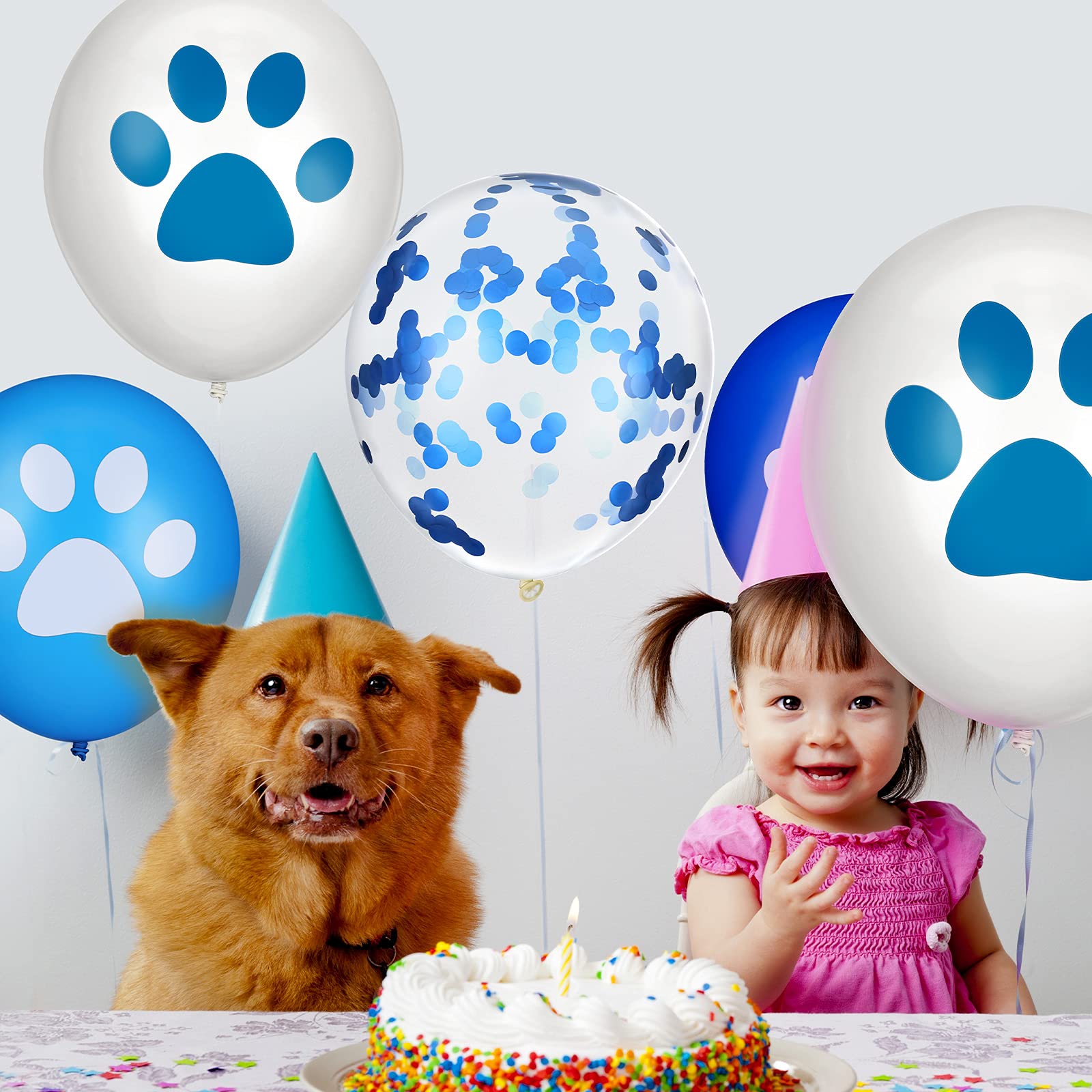 35 Pieces Paw Print Balloons Set 12 Inches Blue White Latex Confetti Balloons with 2 Pieces Ribbons for Birthday Wedding Baby Shower Celebration Graduation Party Balloons (Blue Series)