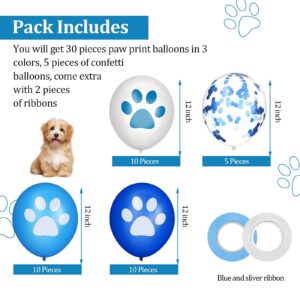 35 Pieces Paw Print Balloons Set 12 Inches Blue White Latex Confetti Balloons with 2 Pieces Ribbons for Birthday Wedding Baby Shower Celebration Graduation Party Balloons (Blue Series)