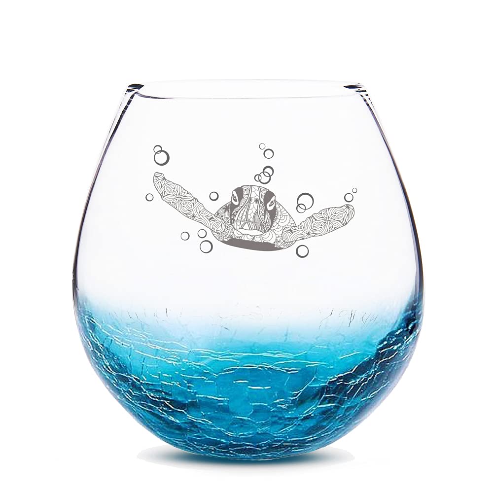 Valentines Day Gift, Tribal Sea Turtle Handmade Engraved Crackle Turquoise Wine Glass for Beach, Gifts for Sea Turtle Lovers Women Men