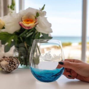 Valentines Day Gift, Tribal Sea Turtle Handmade Engraved Crackle Turquoise Wine Glass for Beach, Gifts for Sea Turtle Lovers Women Men