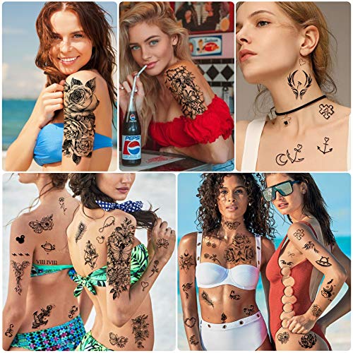 40 sheets Waterproof Temporary Tattoos Flowers Rose Butterfly Fake Tattoo Mix Style Lasting Body Art Tattoo Stickers for Women or Girls