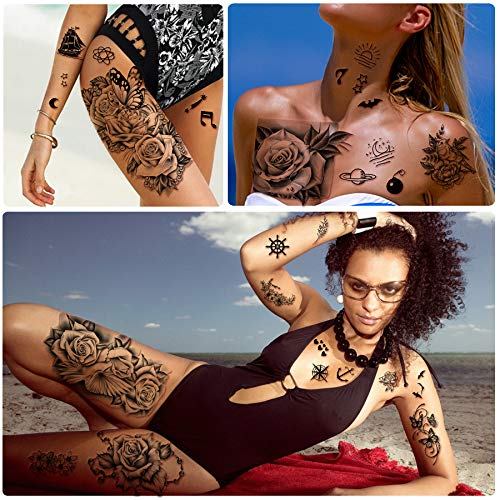 40 sheets Waterproof Temporary Tattoos Flowers Rose Butterfly Fake Tattoo Mix Style Lasting Body Art Tattoo Stickers for Women or Girls