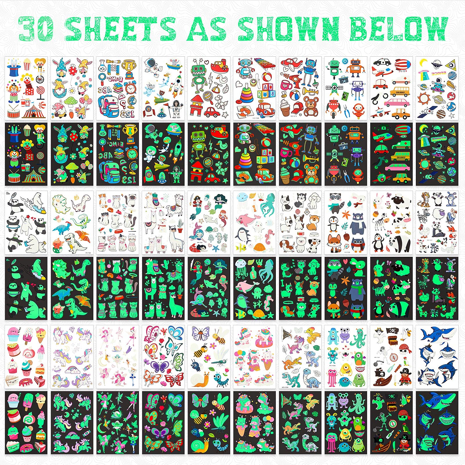 Sinmoe 400 Pieces Glow Temporary Tattoos for Kids Waterproof Luminous Mixed Style Cartoon Tattoo, Unicorn Dinosaur Mermaid Animal Fake Tattoo Stickers Party Supplies, 30 Sheets