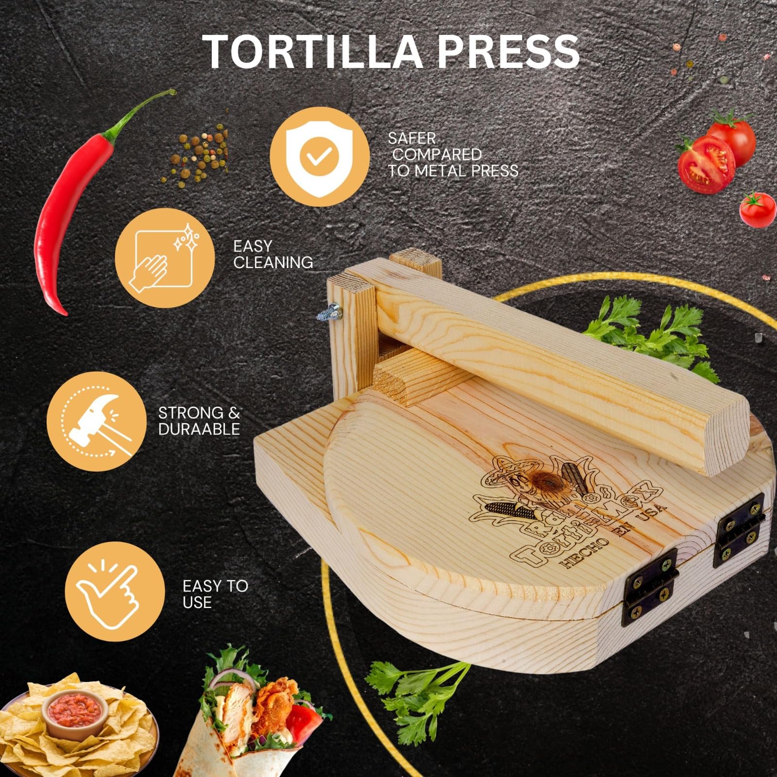 CHAMPS 11-Inch Wooden Tortilla Press Maker | Wooden Dough Presser Tool | 11" Round Wood Flour Tortilla Press For Homemade | Wooden Tortilla Press | Mexican Wood Tortillas, Roti, Burritos, and More