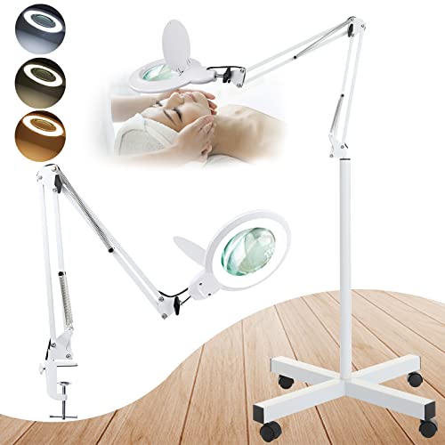 (New Upgrade) 10X Magnifying Floor Lamp with Clamp and 4 Wheel Rolling Base,HITTI 2200 LM LED 3 Color Dimmable Magnifying Glass with Light, Adjustable Arm Lighted Magnifier for Close Work, Esthetican