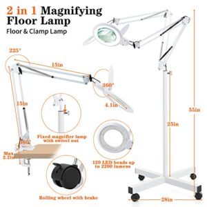 (New Upgrade) 10X Magnifying Floor Lamp with Clamp and 4 Wheel Rolling Base,HITTI 2200 LM LED 3 Color Dimmable Magnifying Glass with Light, Adjustable Arm Lighted Magnifier for Close Work, Esthetican