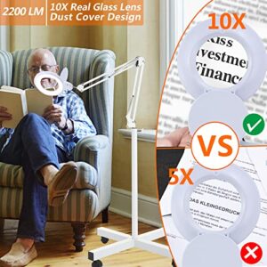 (New Upgrade) 10X Magnifying Floor Lamp with Clamp and 4 Wheel Rolling Base,HITTI 2200 LM LED 3 Color Dimmable Magnifying Glass with Light, Adjustable Arm Lighted Magnifier for Close Work, Esthetican