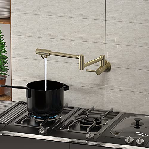 IMLEZON Pot Filler Faucet Stainless Steel Commercial Wall Mount Kitchen Sink Faucet Folding Stretchable with Single Hole Two Handles Champagne Bronze