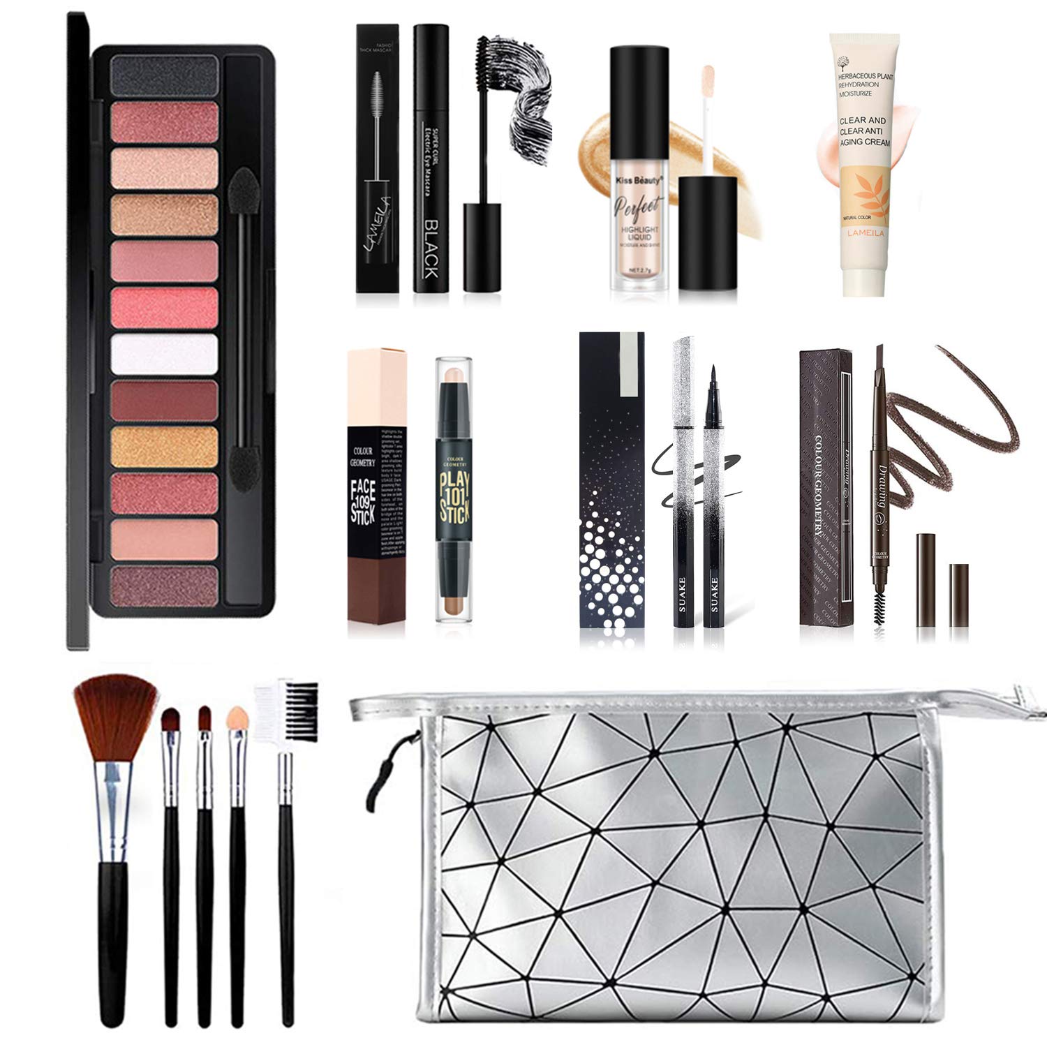 All in One Makeup Kit for Women Full Kit, includes 12 Colors Eyeshadow, 5PCS Brush Set, Eyebrow Pencil, Eyeliner & Mascara, Contour Stick, Primer & Liquid Highlighter With Cosmetic Bag Makeup Set