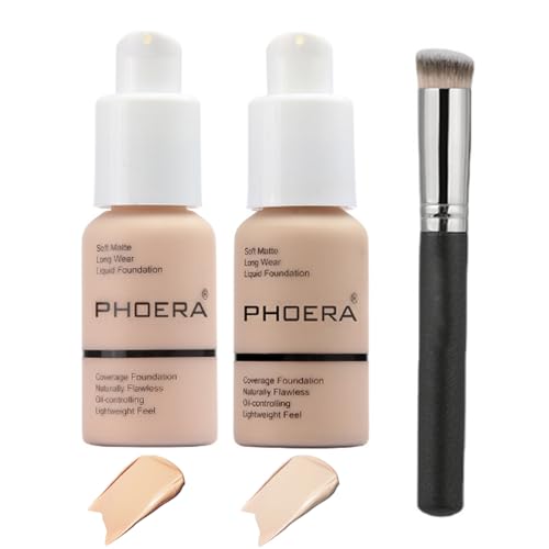 2 Pcs Liquid Foundation 101 and 102 with Kabuki Foundation Brush Flat Top,Full Coverage Foundation Makeup Set,30ml 24HR Matte Oil Control Concealer(Porcelain & Nude)