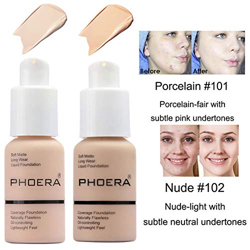 2 Pcs Liquid Foundation 101 and 102 with Kabuki Foundation Brush Flat Top,Full Coverage Foundation Makeup Set,30ml 24HR Matte Oil Control Concealer(Porcelain & Nude)