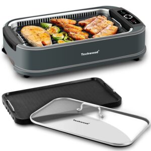 techwood indoor grill smokeless grill, 1500w indoor korean bbq electric tabletop grill with tempered glass lid, removable grill and griddle plates with drip tray