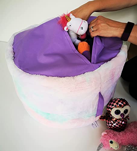 MiniOwls Plush Toy Storage Solution (Cover, Unfilled) - Rainbow Furry Bean Bag - Soft Teddy Faux Fur Organizer with a Zipper. Pouf 20x20x15 Contemporary Accent Ottoman (Unicorn, Medium)